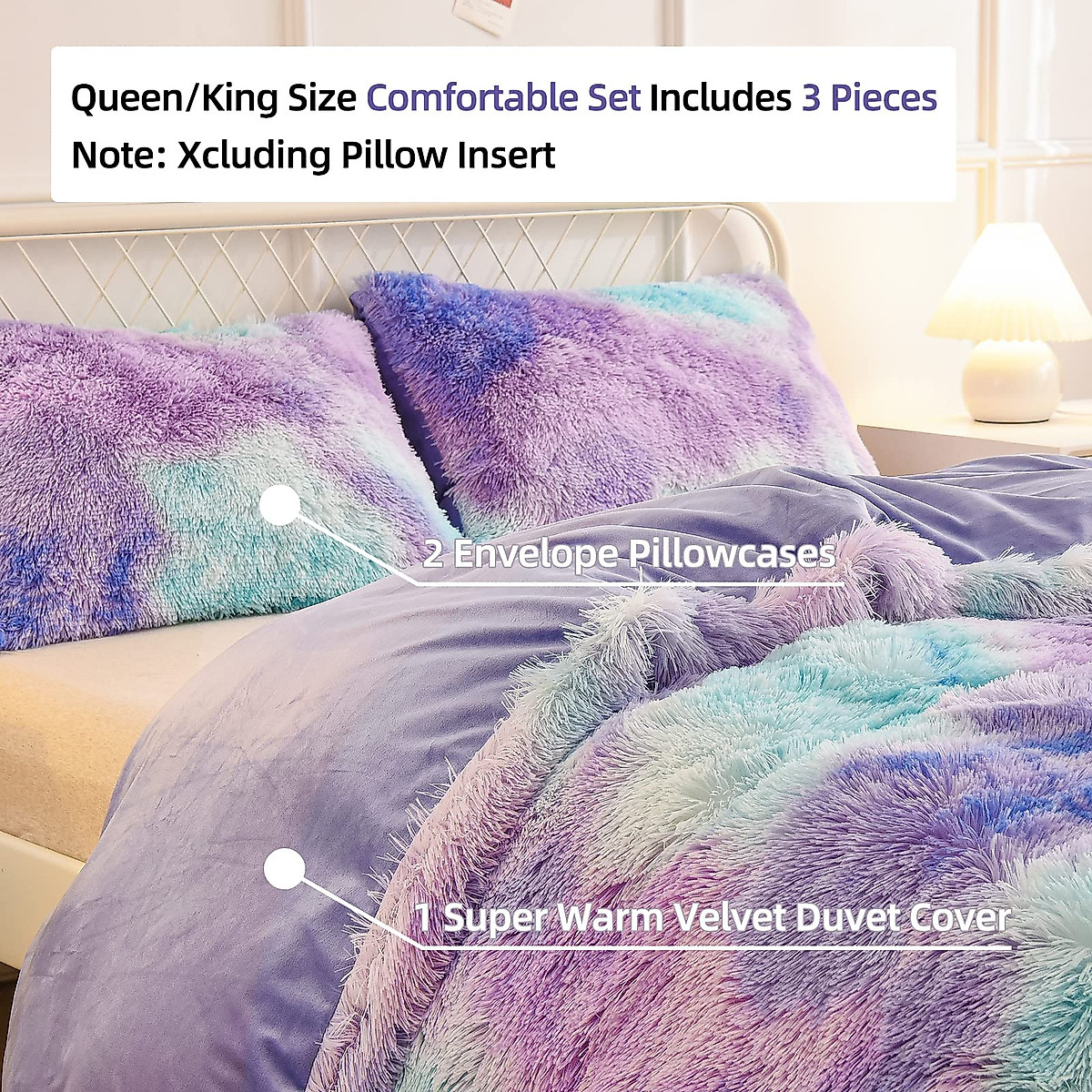 A Nice Night Shaggy Fluffy Faux Fur Duvet Cover Set, Tie Dye Style,Softest, Luxury Ultra Soft Crystal Velvet Bedding Sets, Zipper Closur (Queen, Purple-Blue)