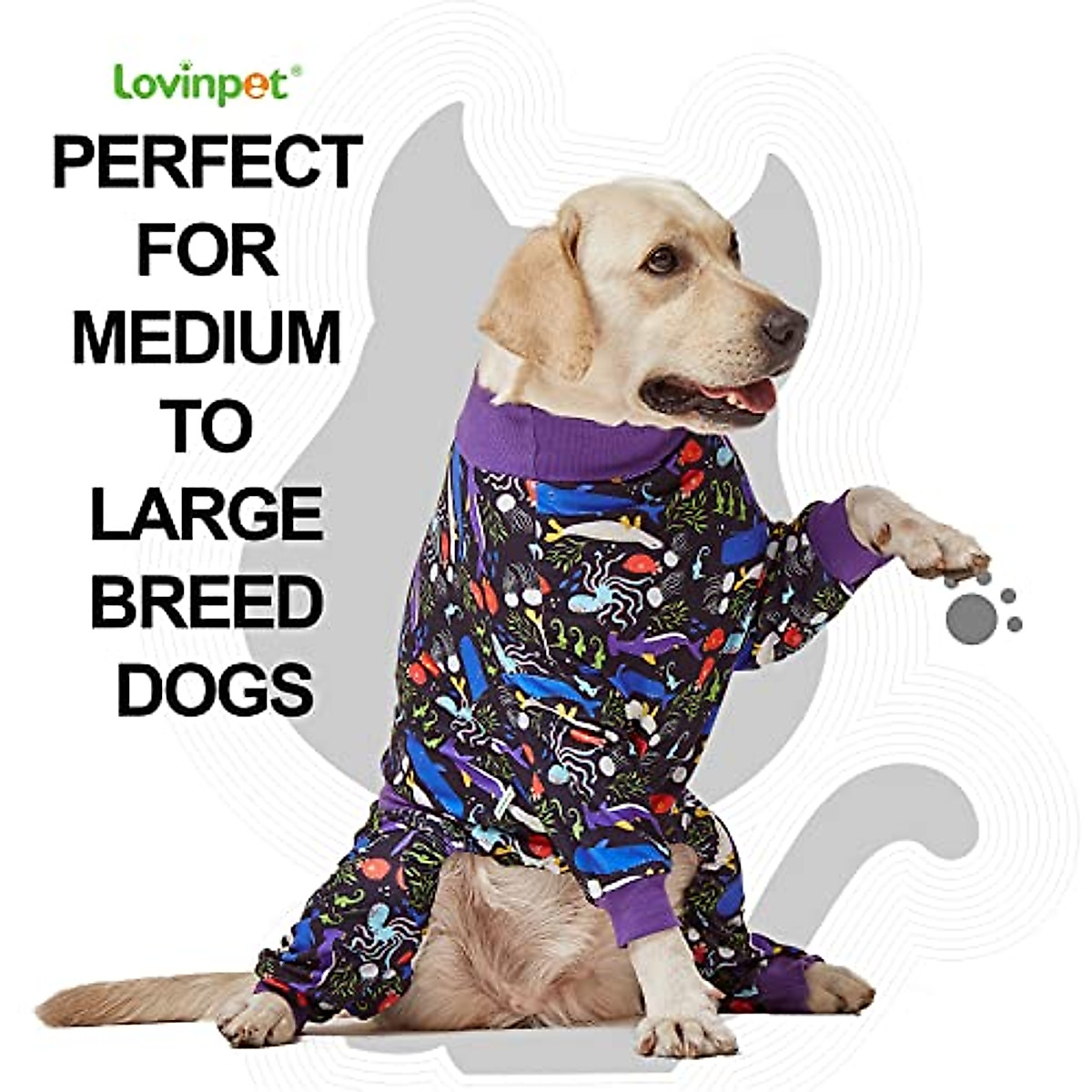 LovinPet Large Big Dog Pajamas - Post Surgery Onesie for Large Dog Breeds, Reflective Stripe, Lightweight breatheable stretchy knit, Charcoal Gray Deep Sea Print, Large Dog Jammies, Pet Pj's,Black 2XL