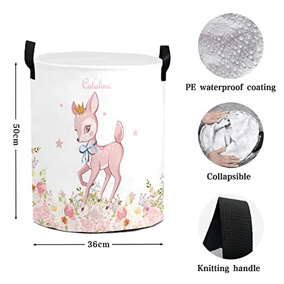 Pink Bambi Floral Deer Personalized Laundry Basket Clothes Hamper Storage Handle Waterproof, Custom Collapsible Large Capacity , for Bedroom Bathroom Toy Decoration