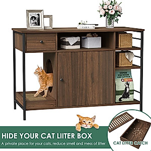 Lovinouse 6 in 1 Cat Litter Box Enclosure Furniture with Litter Catcher, Wooden Cat Washroom with Drawer and Shelves, Hidden Litter Box Cat Cabinet, Side Table for Living Room, Bedroom
