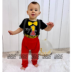 LENSOUS Baby Boys First Birthday Cake Smash Outfits Bowtie One Year Old Romper Pants Set（Red,18-24 Months）