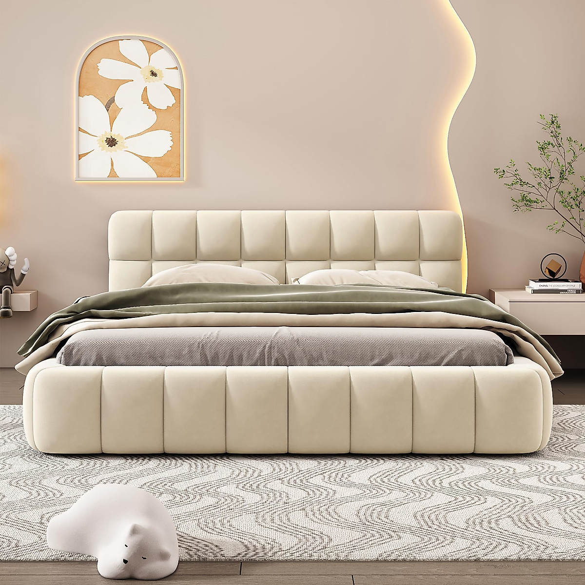 Eafurn Queen Size Bed Frame, Modern Upholstered Bed Frame with Tufted Headboard, Heavy Duty Platform Bed with Wood Slat Support, Grounded Bed with Solid Frame Noise Free, No Box Spring Needed