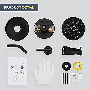 WOWOW Matte Black Shower Faucet Set with Tub Spout and 6-Inch Rain Shower Head, Brass Shower System Single Handle Tub and Shower Trim Kit (Valve Included)