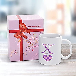 Valentine's Day Love Monogram Letter X Coffee Mug Custom Name Cup 11oz Happy Valentine's Day Porcelain Coffee Cup Pink Purple Checkerboard Mug Anniversary Wedding Engagement Gift for Couple