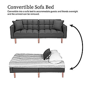 QSSLLC Futon Sofa Bed Convertible Loveseat, Sleeper Sofa with 2 Pillows and Solid Wood Legs, 76 inchL Sofa Couch for Compact Living Space, Apartment, Dorm - Dark Gray