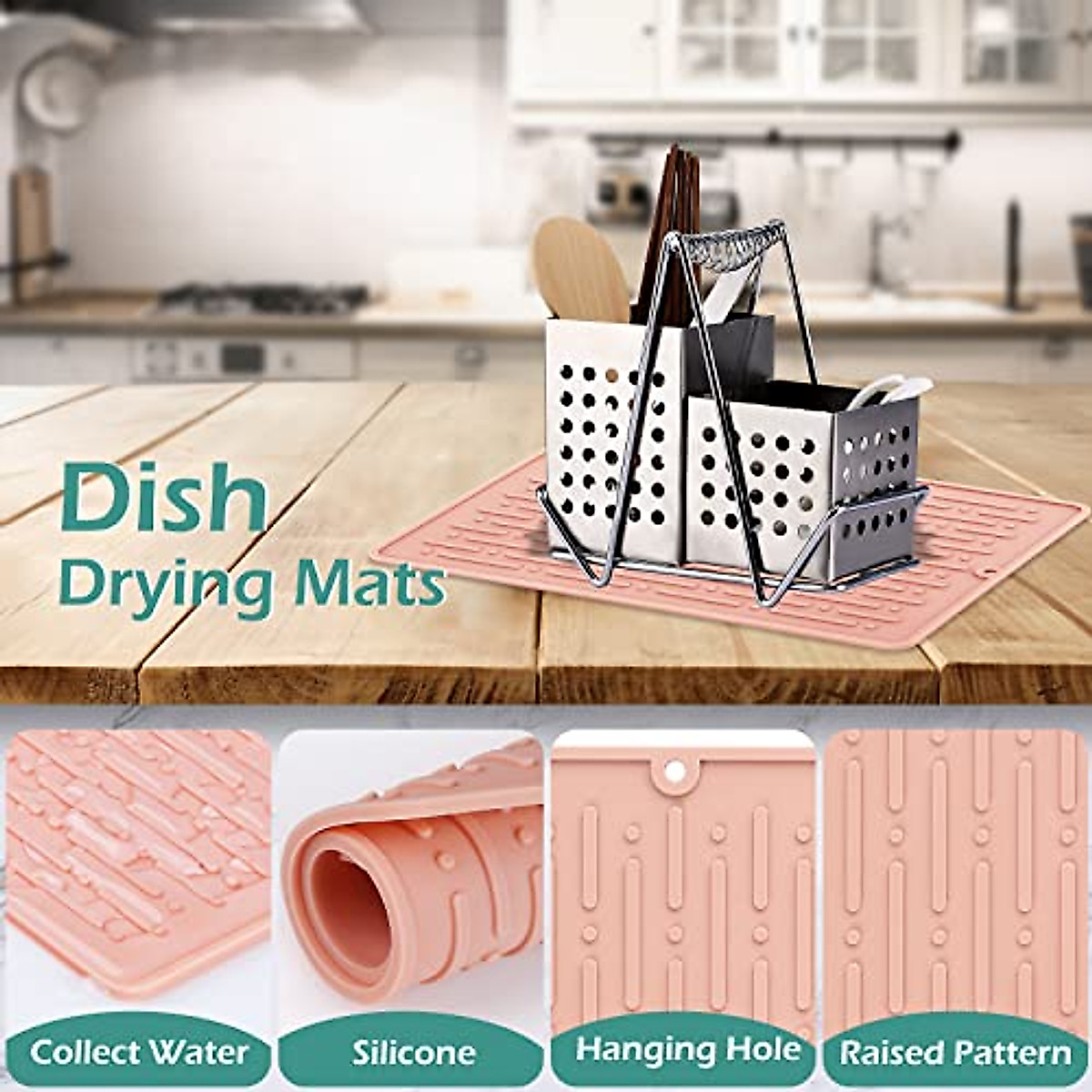 GeeRic Dish Drying Mats, Heat-resistant Silicone Mat for Kitchen Counter, Non-Slip Dish Dry Mat Dishwasher Safe Large, Pink