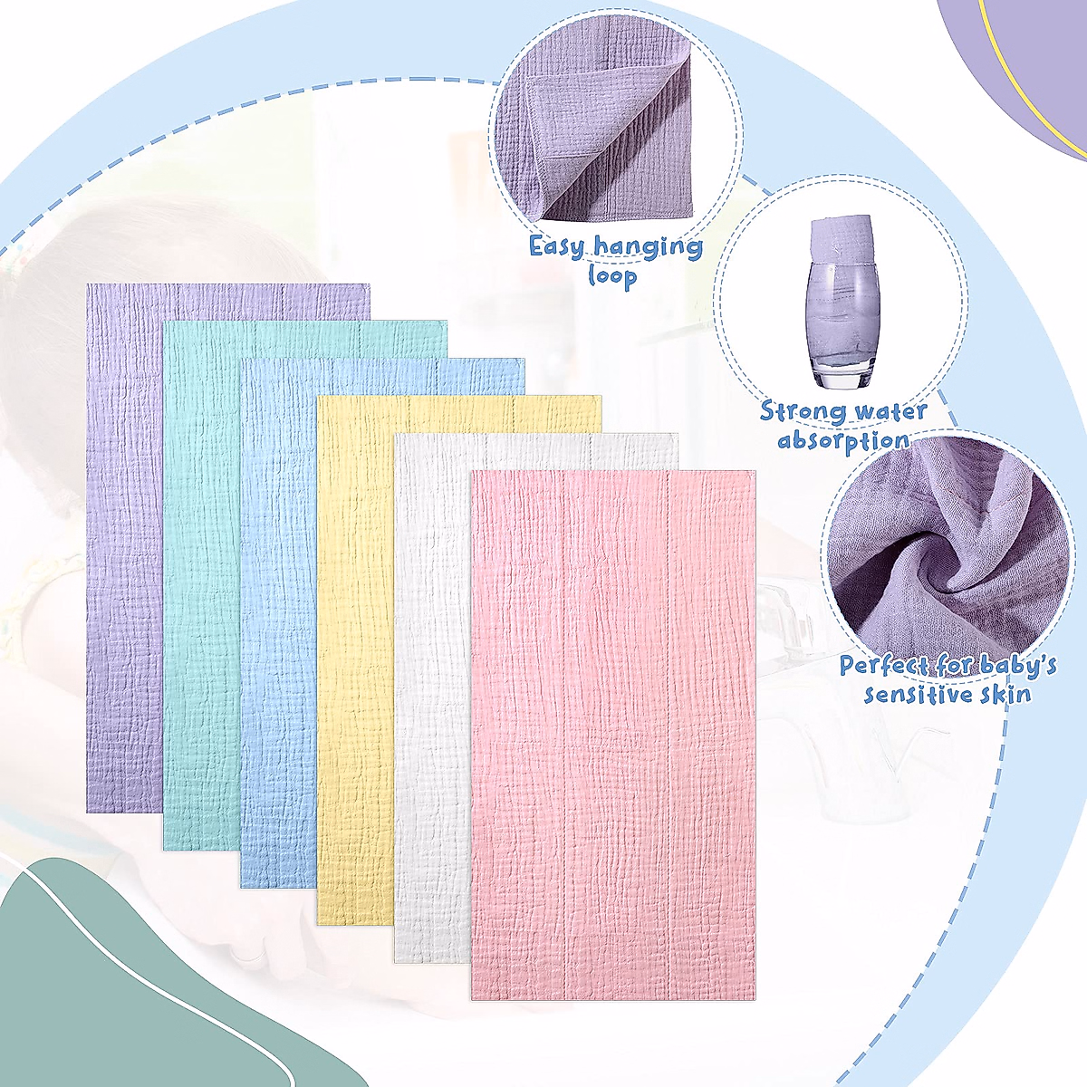 6 Pack Muslin Burp Clothes Double Layered Burping Cloths 20 x 10 Inch Infant Burp Clothes Soft Absorbent Cotton Burping Cloths Set Spit Up Rags Washcloths for Girls Boys (Bright Pattern)