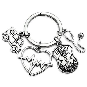 EMT Emergency Medical Technician, EMT keychain, ECG / EKG Heartbeat, Medical Alert, EMT gift, Ambulance, Stethoscope, Caduceus Medical Symbol charm, EMT graduation Gift (EMT Heartbeat Keychain)