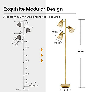 Industrial Floor Lamp,Standing Lamp,Gold Tree Floor Lamp with 3 Adjustable Rotating Lights, Independent Control, 3PCs LED Bulb Included, Tall Pole Lamps for Living Room, Bedroom, Home, Office
