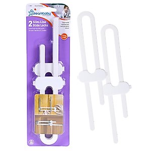 Dreambaby Slimline Slide Lock for Baby Proofing - Child Safety Cupboard Handle Locks - Suitable for Thinner Handles & Knobs - White - 2 Pack