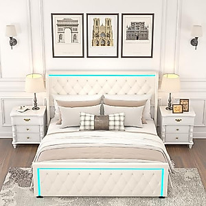 DNYN Upholstered Velvet Queen Size Platform Bed with High Headboard & LED Light Design,Solid Wood Bedframe w/Deep Tufted Buttons & Wide Wingbacks,Perfect for Bedroom,Guest Room, Beige