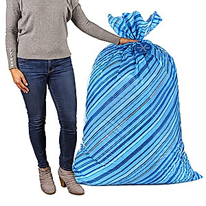 Hallmark 56" Jumbo XL Holiday Plastic Gift Bag (Blue Stripes with Gift Tag) for Hanukkah, Christmas, Father's Day, Birthday, Graduations, Baby Showers