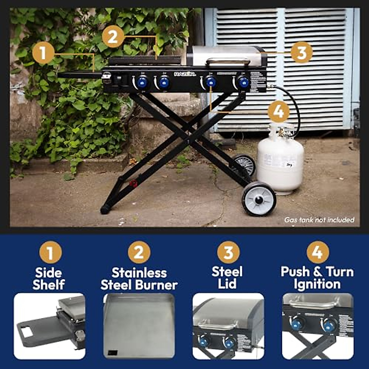 Razor Griddle Portable 4-Burner 40,000 BTU Gas Grill & Griddle Combo with 16" x 16" Cooking Surface Area, Foldable Cart & Steel Lid, Black