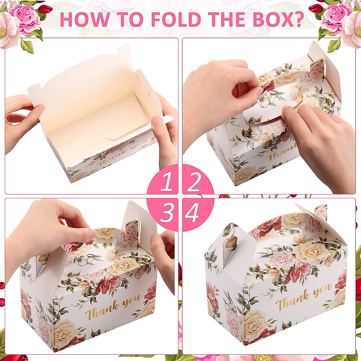 Xinnun 50 Pcs Thank You Treat Boxes Floral Design Gift Boxes Gable Boxes Party Favor Boxes for Tea Party, Mother's Day, Wedding