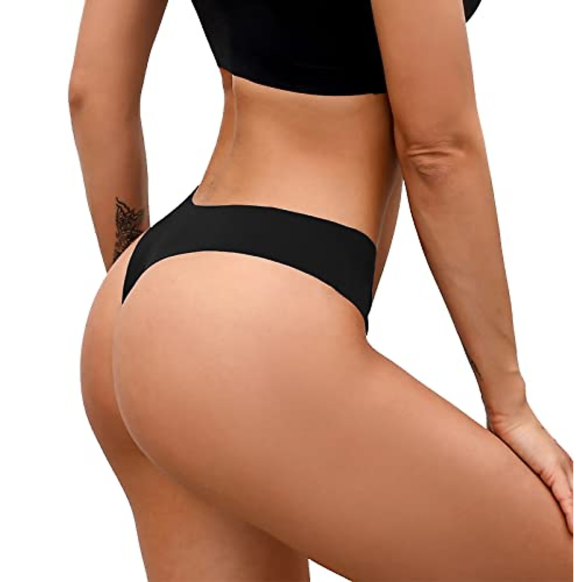 Sexy Thongs for Women, No Show Panties V-waisted Stretch Breathable, Seamless Thong Underwear 6 Pack Small Black