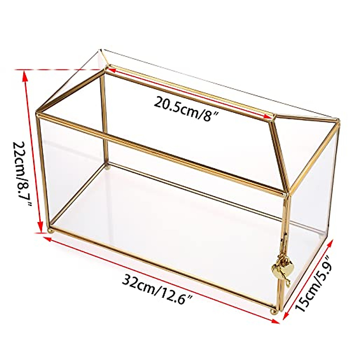 ELLDOO 12.6" Gold Glass Wedding Card Box with Heart Lock, Glass Gift Boxes, House Shape with Feet Clear Terrarium Planter for Wedding Receptions, Centerpiece Decor, Keepsake, Gift Display Box, Large Size
