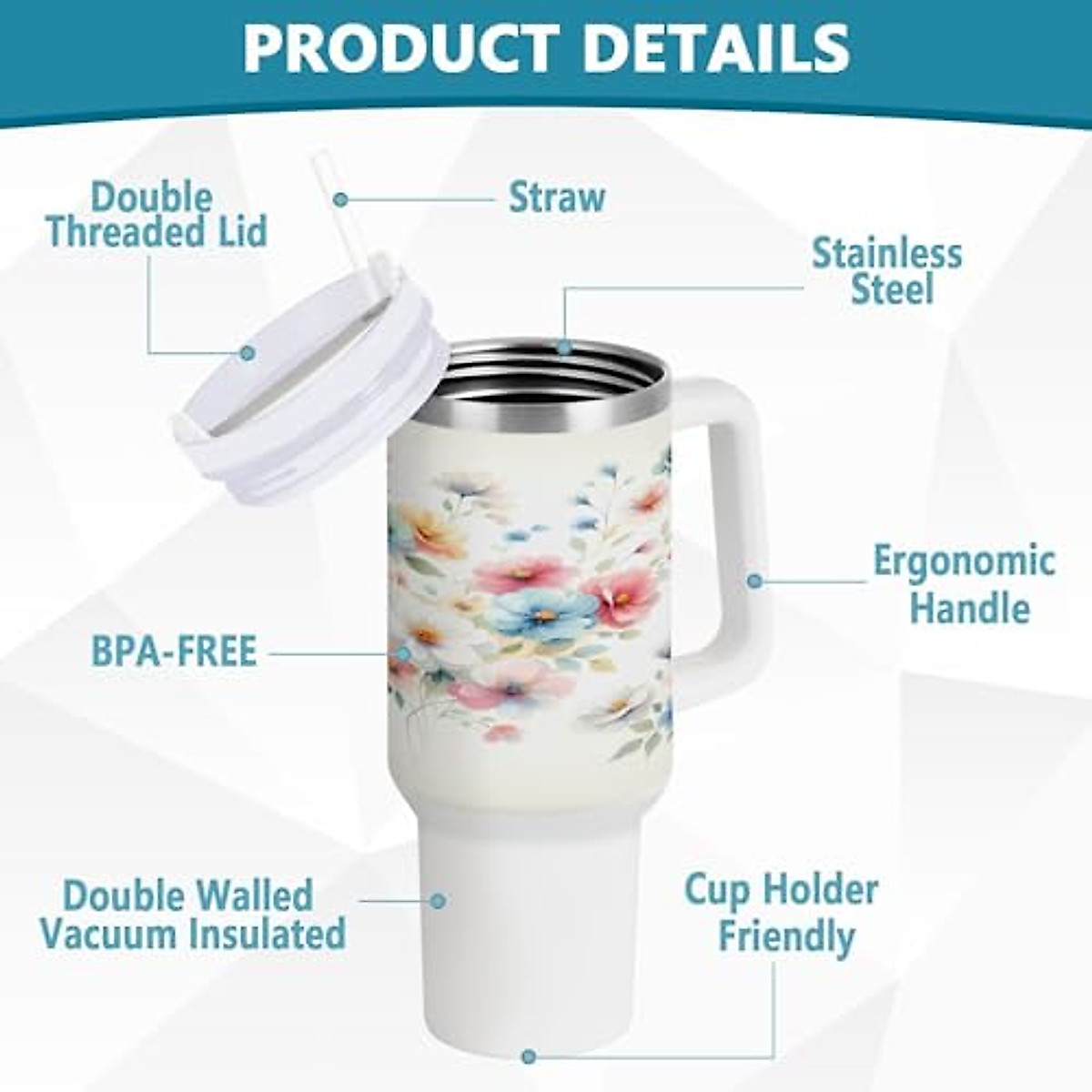 Jihqo Watercolor Cute Flowers 40 oz Stainless Steel Vacuum Insulated Tumbler with Handle and Straw Lid Reusable Leakproof Water Bottle Double Wall Travel Mug Coffee Cup, Cupholder Friendly