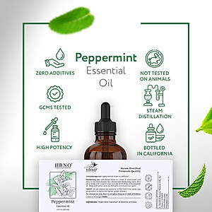 HBNO® California Bottled Peppermint Essential Oil for Diffuser 4 fl oz (120ml) - Natural Peppermint Oil for Hair - Perfect for Aromatherapy & DIY, Essential Oil Peppermint