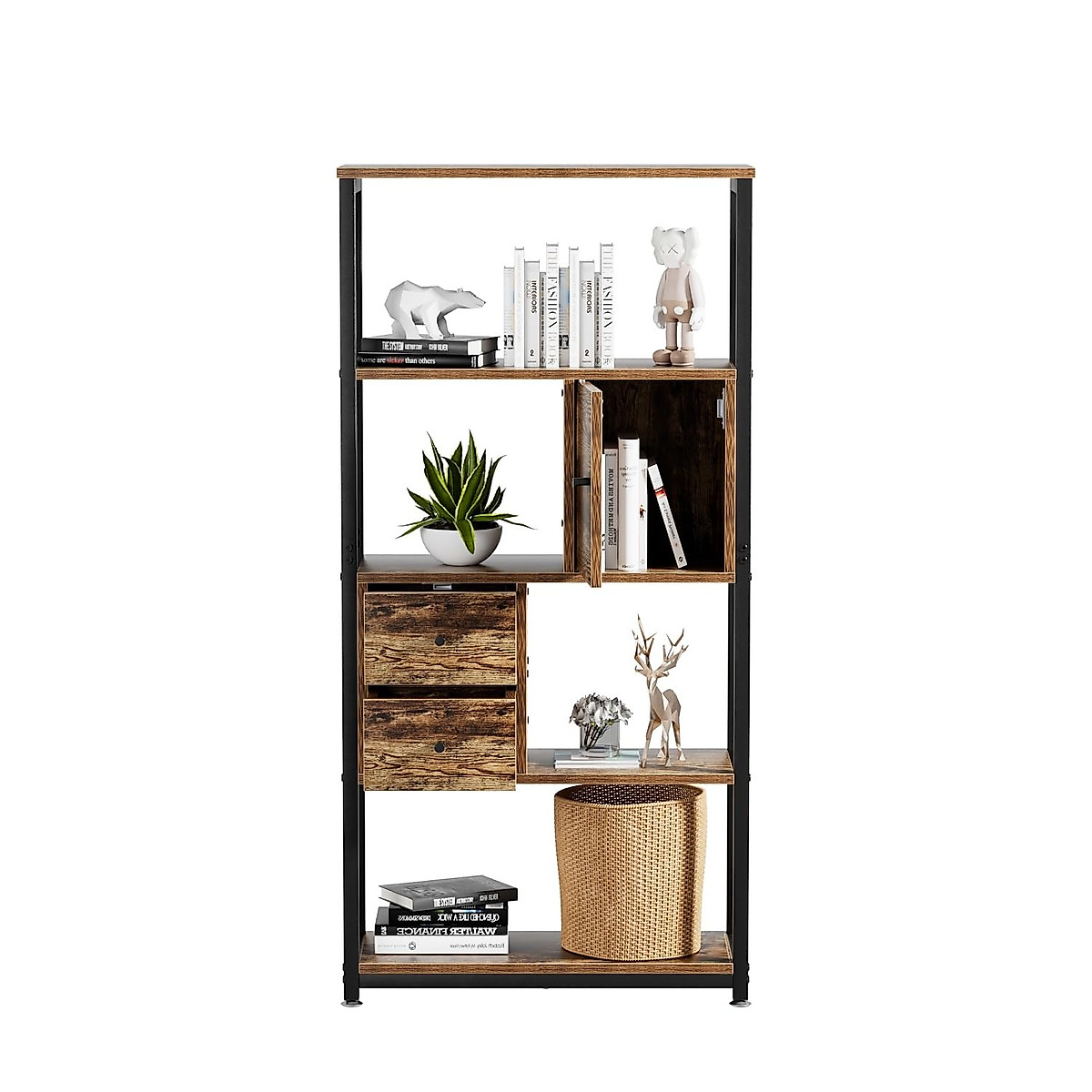 VECELO Bookcase with Doors/Drawers, Industrial 4-Tier Bookshelf Display Shelf Storage Cabinet for Books, Photos, Decorations, in Living Room,Bedroom, Home Office, Rustic Brown