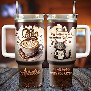 WAZONE Personalized Shh My Coffee And I Are Having A Moment 40oz Tumbler with Handle and Straw Lid Insulated Travel Mug Funny Customized Animal Gifts For Cat Lovers Men Women Birthday Present