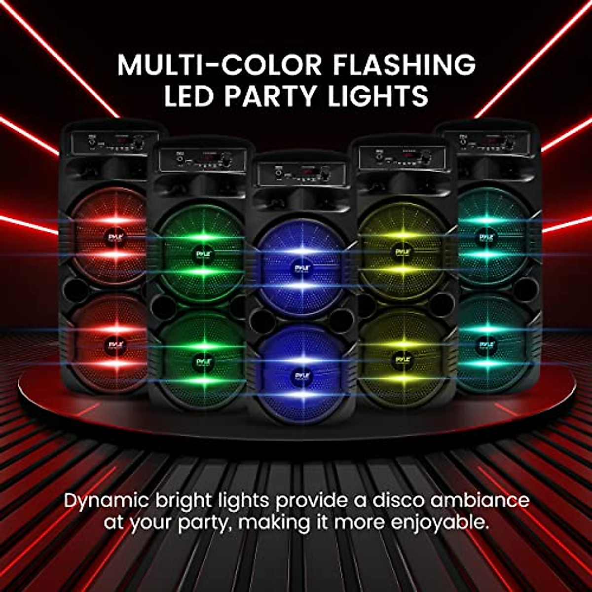 Pyle Portable Bluetooth PA Speaker System - 600W Rechargeable Outdoor Bluetooth Speaker Portable PA System w/ Dual 8” Subwoofer 1” Tweeter, Microphone In, Party Lights, USB, Radio, Remote - PPHP2835B
