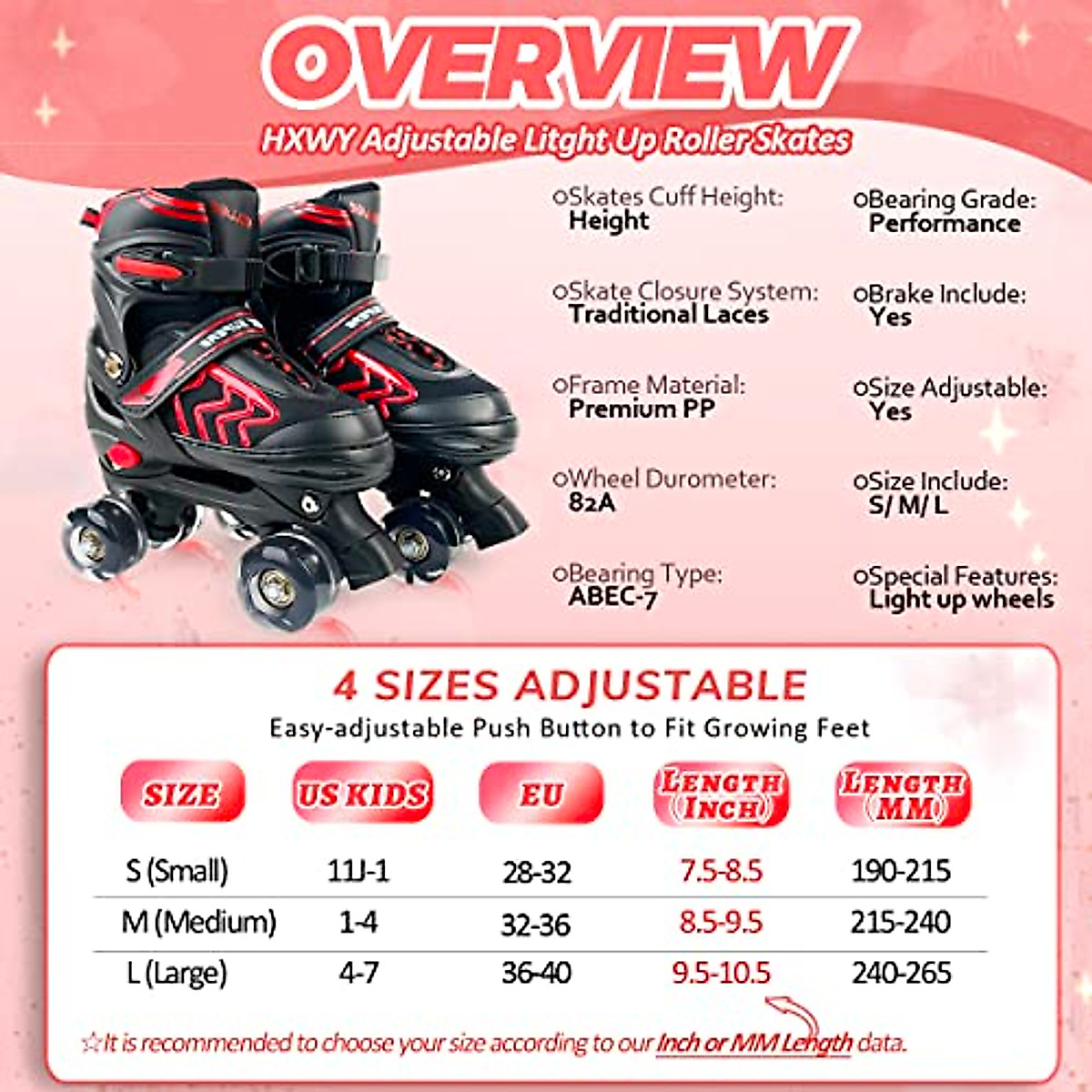 HXWY Kids Roller Skates for Boys Girls Child, Adjustable 4 Sizes Roller Skates for Kids and Youth with Light Up Wheels, Quad Black & Red Roller Skates for Sports (Little Kid 11J-1)