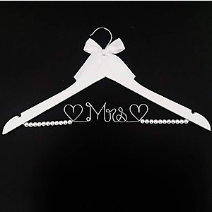 Bridal Dress Hanger Solid Wood Dress Hangers Mrs Letter Hanger Wedding Gift (White Coat Hanger Silver Thread Pearl)