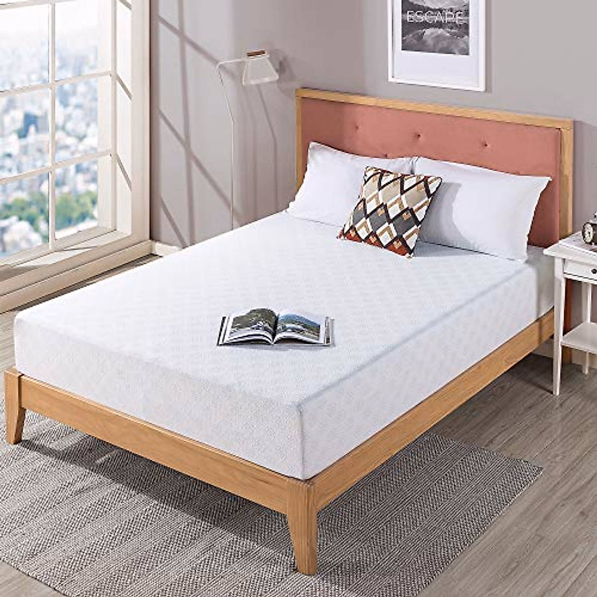 Zinus Omkaram Upholstered Platform Bed with Wood Slat Support, Full & 10 Inch Gel-Infused Green Tea Memory Foam Mattress, Full