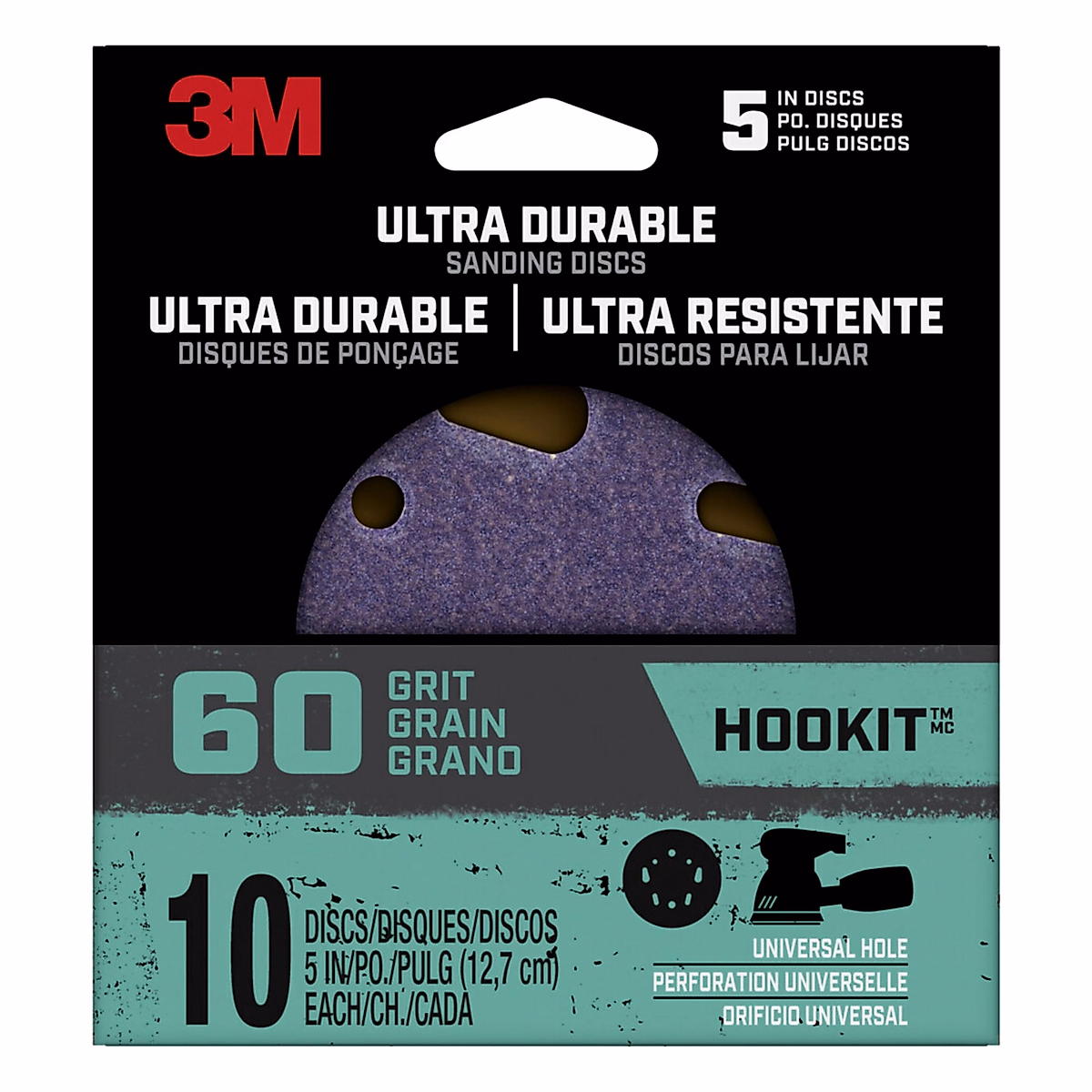 3M Ultra Durable 5 inch Power Sanding Discs, Universal Hole, 60 Grit, 10/Pack
