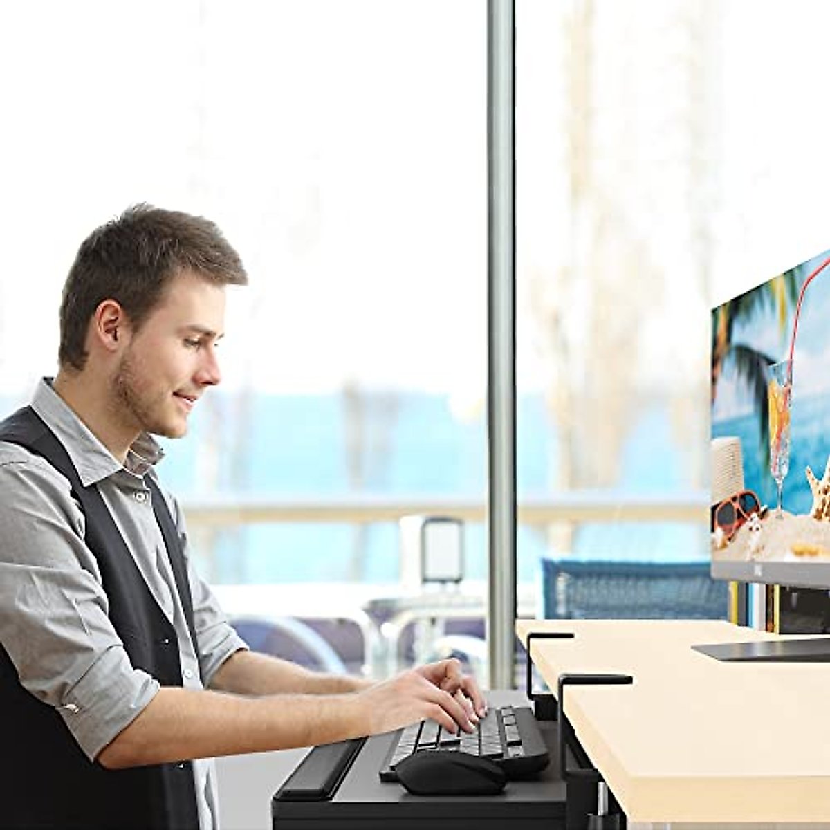 EQEY Keyboard Tray Under Desk Slide,Clamp On Keyboard Tray Under Desk Keyboard Tray Slide Out with Sturdy C-Clamp Mount & Wrist Support Pad Keyboard Drawer for Desk (26 x 10 inch) Grey