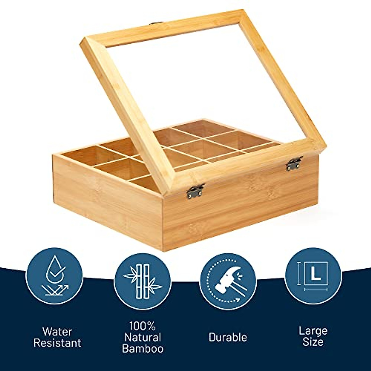 RoyalHouse Big Natural Bamboo Tea Storage Organizer with Clear Acrylic Top Window, 12 Compartments Eco-Friendly Tea Bag Holder, Multi-Functional Storage Box