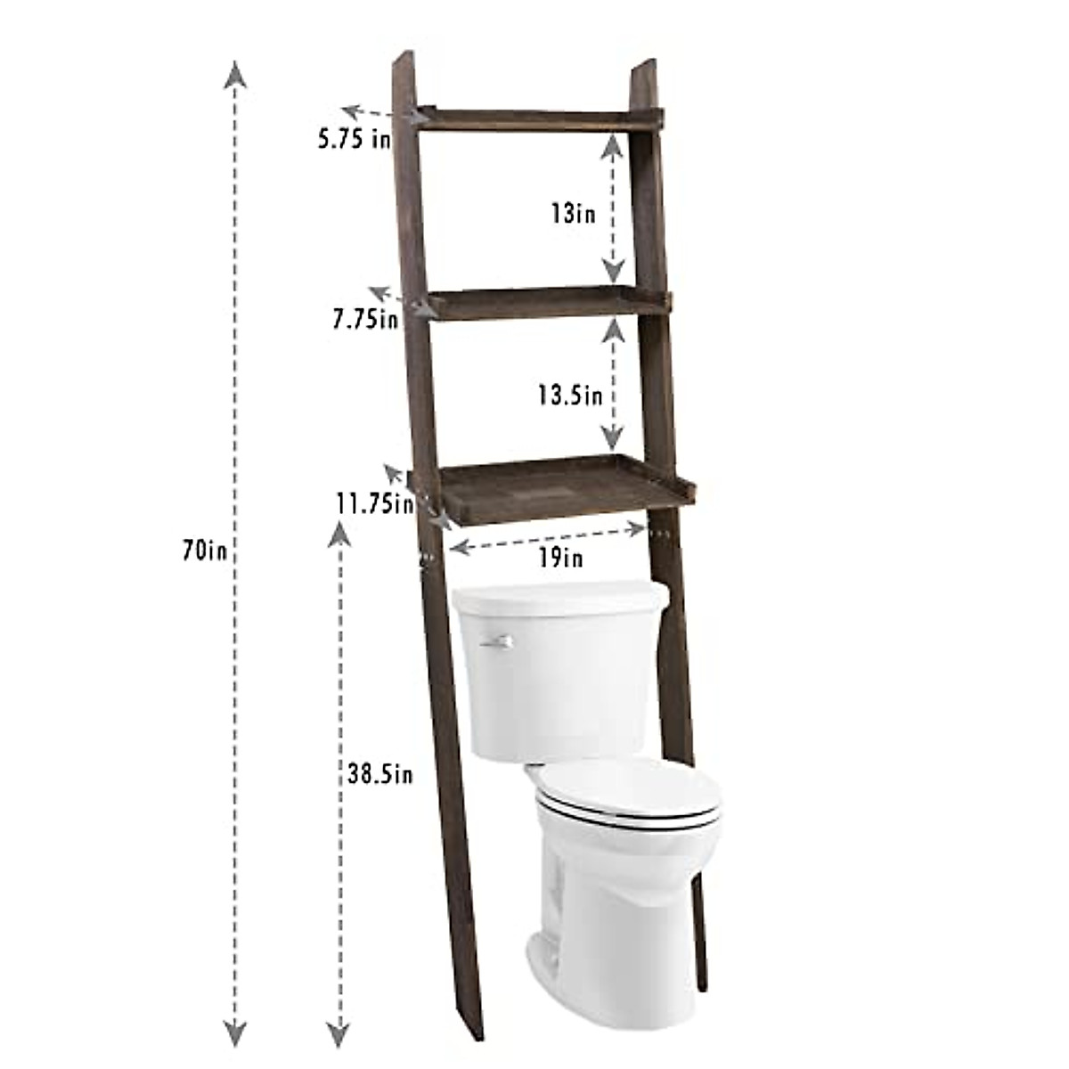 Eelexa Over The Toilet Storage Ladder Shelf 3 Tier Wooden Over Toilet Bathroom Organizer Rack for Small Space, Bathroom, Restroom, 70 Inch Tall, Dark Brown