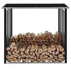 vidaXL Log Storage Shed, Log Holder with Roof, Log Storage Shed, Firewood Rack for Backyard Garden Patio Porch, Anthracite Galvanized Steel 67.7"