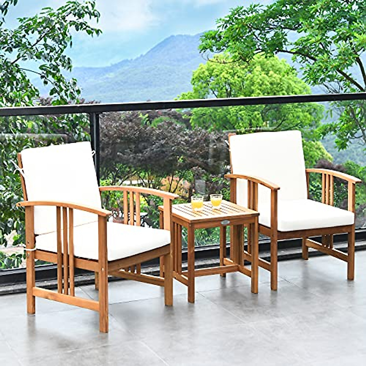 Tangkula 3 Pieces Patio Furniture Set, Includes Set of 2 Outdoor Acacia Wood Cushioned Chairs and Coffee Table, for Garden, Backyard, Poolside, Bistro and Deck, Patio Conversation Chat Set (White)