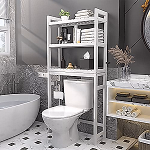 Homykic Over The Toilet Storage, Bamboo 3-Tier Over-The-Toilet Space Saver Organizer Rack, Stable Freestanding Above Toilet Stand with 3 Hooks for Bathroom, Restroom, Laundry, White