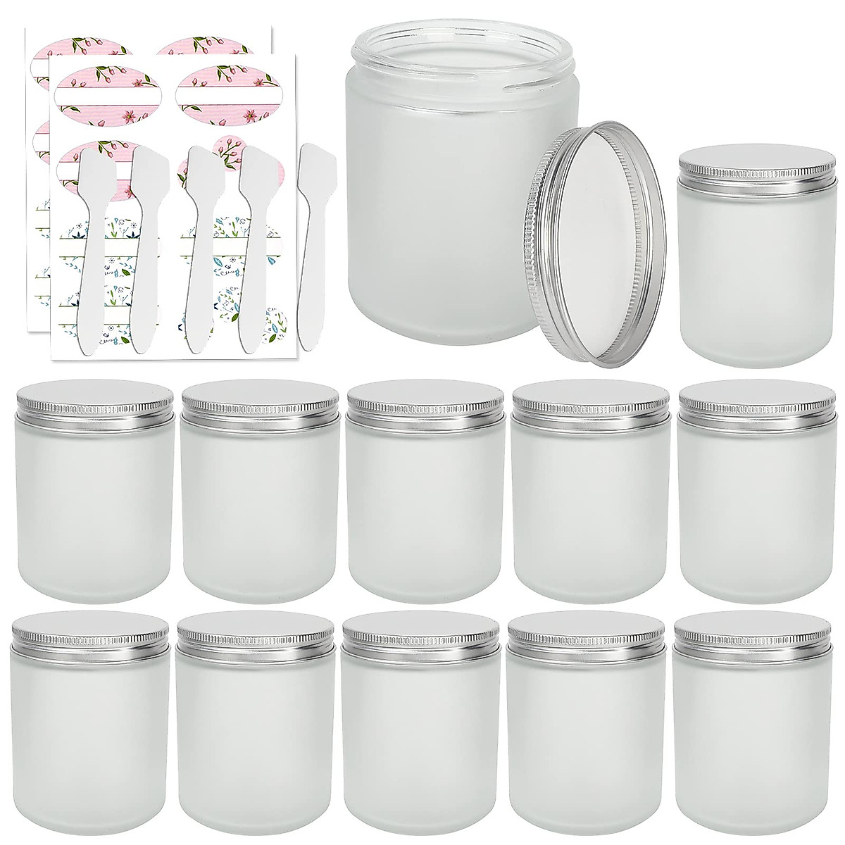 12 Pack 8 oz Round Frosted Glass Jars with Silver Metal Lids, 240ml Matte Clear Empty Candle Jars Cosmetic Jars Food Storage Containers, Canning Jars For Spice,Powder,Liquid,Sample,Face Cream Lotion