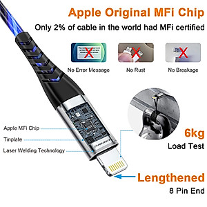 LED iPhone Charger Cord Light Up Lightning Cable | MFi Certified Apple Charger | Cool USB Fast Charging for iPhone 14 13 12 11 Pro Max XR X SE 8 Plus, iPad iPod and More (Blue, 3ft)