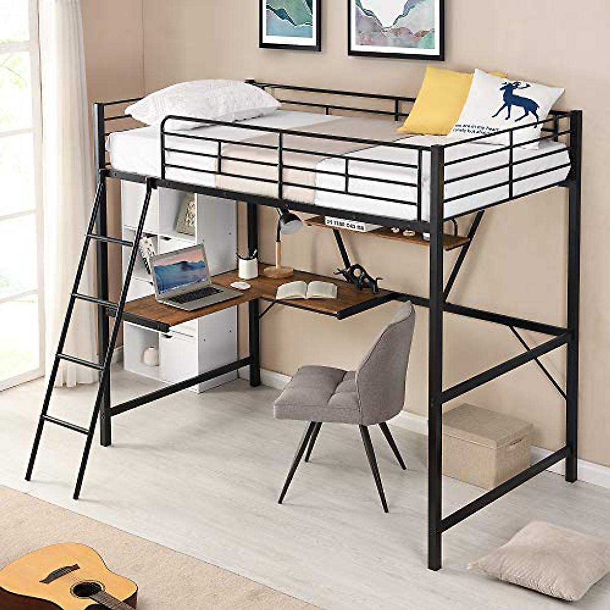 MOEO Twin Size Loft Bed with L-Shaped Desk and Shelf, Metal Steel Bedfram w/Guardrail for Kids, Home, No Spring Box Required, Black