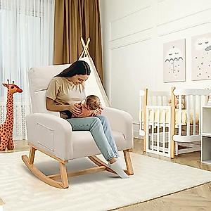 HOMYKA Rocking Chair Nursery Upholstered Glider Chair with Rubber Wood Legs Side Pocket, Rocker Accent Armchair for Living Room,Beige
