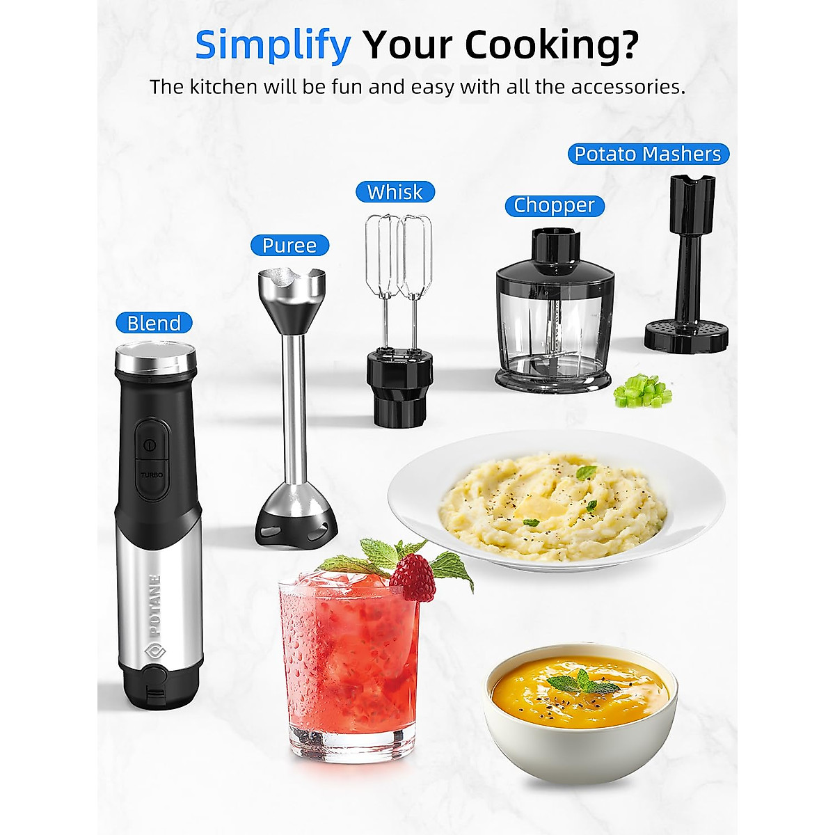 Immersion Blender, Heavy Duty Copper Motor, Stainless Steel Smart Stick with Egg Beaters, Potato Masher, Chopper/Food Processor