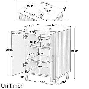 24" Bathroom Vanity Sink Combo, Freestanding Single Basin Vanity Set with Two Doors and Adjustable Shelves Solid Wood Bathroom Sink Cabinet, White