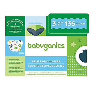 Babyganics Size 3, 136 count, Absorbent, Breathable, Triple Dry Protection Diapers