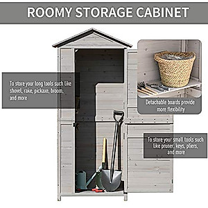 Outsunny 36" x 25" x 79" Wooden Storage Shed Cabinet, Outdoor Tool Shed Organizer with 4-Tier, 3 Shelves with Handle Tin Roof Magnetic Latch Foot Pad, Light Grey