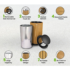 Alpine 32 Gallon Commercial Outdoor Trash Can - Heavy Duty Garbage Can Outdoor, Industrial Trash Can with Plastic Panels for Patio, Parks, Trails & Resorts (Rain Bonnet Lid - Cedar)