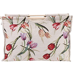 Knitting Tote Bag,Exquisite Practical Wood Handle Woven Fabric Storage Bag for Knitting Needles Sewing Tools(Red Flower)