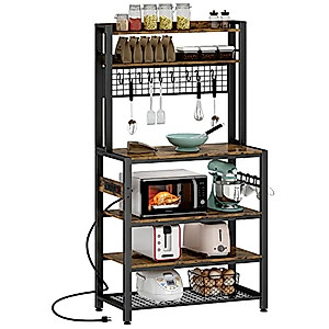 HHETOGOL Carbon Steel Bakers Racks for Kitchens with Storage, Bakers Rack with Power Outlet, Coffee Bar, Kitchen Storage Rack with 10 S-Hooks, Kitchen Shelves for Spices, HPJ01B
