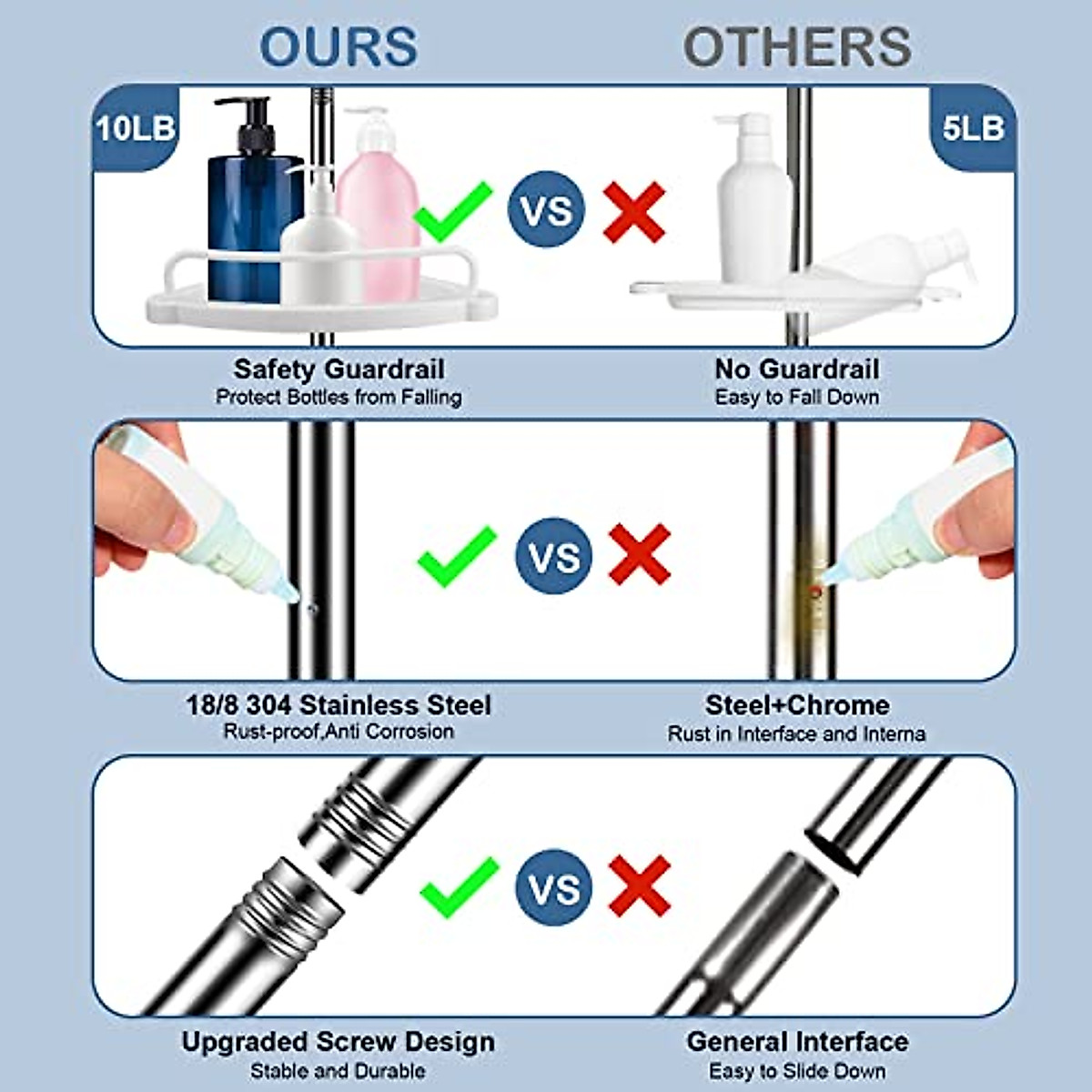 WSBArt 5.5-10ft Rustproof Shower Caddy Tension Pole,4 Tier Corner Caddy Shelf Height Adjustable Bathtub Organizer Shower Tension Rod Shower Caddy Shower Racks