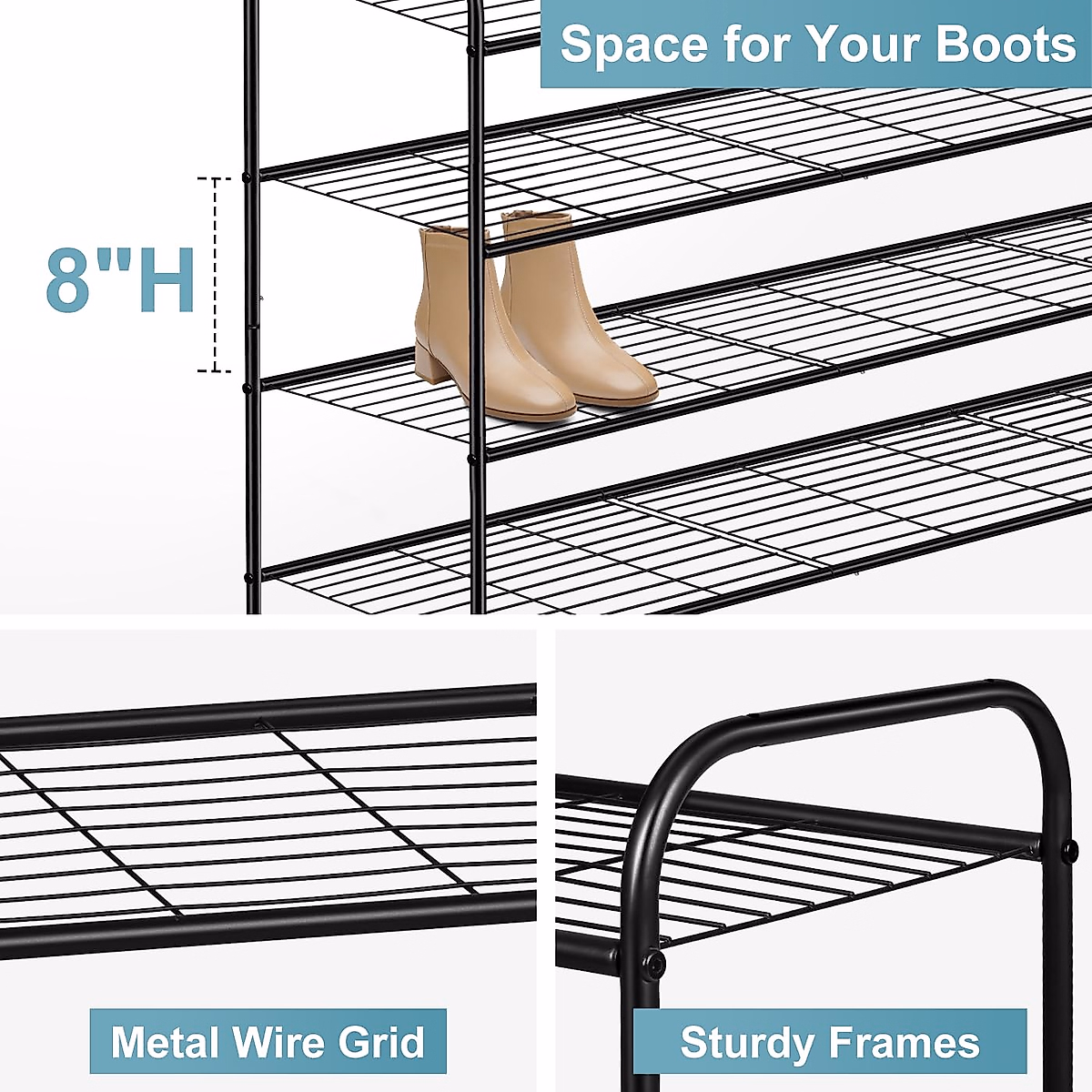 AOODA 4 Tier Long Metal Shoe Rack for Closet Wide Stackable Shoe Organizer for Entryway, Bedroom, Floor, Holds 30 Pairs Men Sneakers Large Shoe Storage Shelf with Wire Grid, Black