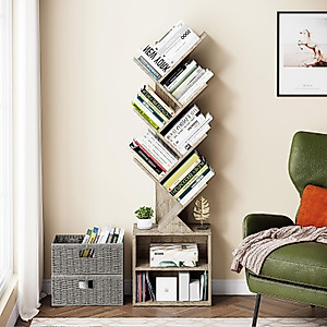 Vagusicc 6 Tier Tree Bookshelf, Modern Floor Standing Bookcase with Storage Drawer, Space Saving Storage Organizer Book Shelves for Books, Tall Wood Storage Rack for Bedroom/Living Room/Home Office