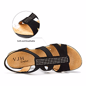 VJH confort Women's Flat Sandals with Rhinestone Open Toe Elastic Slip On Slingback Comfort Casual Walking Sandals(BLACK 10)